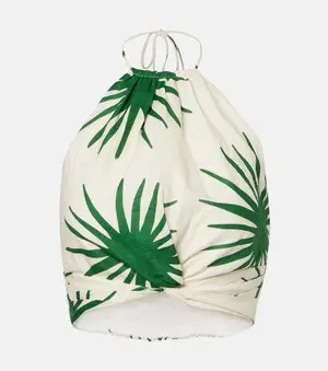 CALA DE LA CRUZ Lodi Printed Halterneck Linen Crop Top - Green