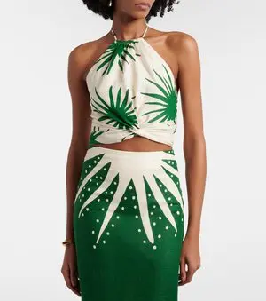 CALA DE LA CRUZ Lodi Printed Halterneck Linen Crop Top - Green
