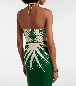 CALA DE LA CRUZ Lodi Printed Halterneck Linen Crop Top - Green