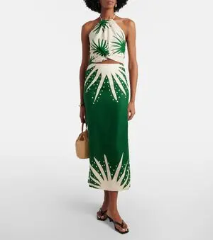 CALA DE LA CRUZ Lodi Printed Halterneck Linen Crop Top - Green