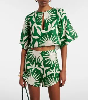 CALA DE LA CRUZ Iris Beaded Printed Linen Crop Top - Green