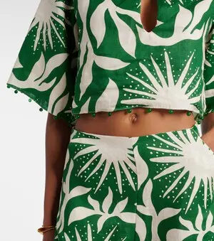 CALA DE LA CRUZ Iris Beaded Printed Linen Crop Top - Green