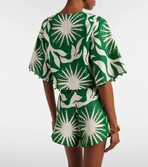 CALA DE LA CRUZ Iris Beaded Printed Linen Crop Top - Green