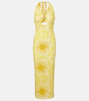 CALA DE LA CRUZ Printed Cutout Linen Midi Dress - Yellow