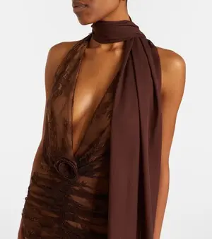 DE LA VALI Amora Ruched Lace Maxi Dress With Detachable Scarf - Brown
