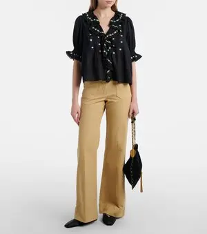 DÔEN Hettie Floral Embroidered Ruffled Cotton Blouse - Black