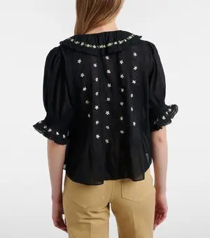DÔEN Hettie Floral Embroidered Ruffled Cotton Blouse - Black
