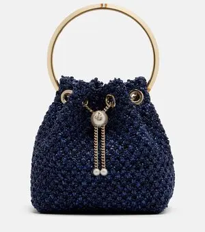 JIMMY CHOO Bon Bon Small Raffia-Effect Bucket Bag Blue