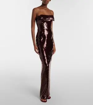 THE NEW ARRIVALS ILKYAZ OZEL Sequined Bustier Gown With Bow - Burgundy