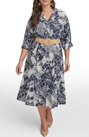 Donna Karan New York Belted Linen Blend Midi Dress