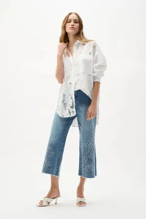 Joseph Ribkoff Cotton Lace Boxy Blouse With Embroidery