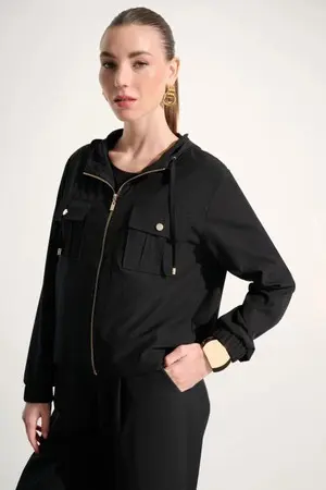 Joseph Ribkoff Stretch Woven Hooded Boxy Utility Jacket - Black