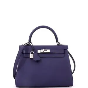 Hermès Kelly Handbag Verso Evercolor With Palladium Hardware 28 - Blue