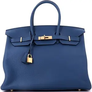 HERMÈS Birkin Handbag Blue Clemence With Gold Hardware 35