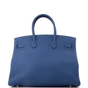 Hermès Birkin Handbag Blue Clemence With Gold Hardware 35 - Deep Blue