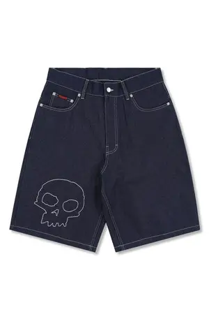 PLEASURES X Zero Skateboards Skull Embroidered Denim Shorts