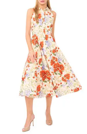 Ted Baker London Floral Pleated Sleeveless Cotton Midi Shirtdress - Fire Orange