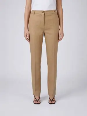 Pinko Cropped Fit Linen Blend Trousers - Beige