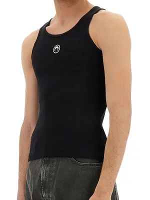 MARINE SERRE Ribbed Tank Top With Logo - Black
