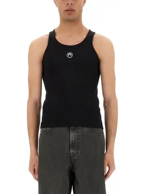 MARINE SERRE Ribbed Tank Top With Logo - Black