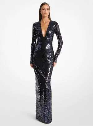 Michael Kors Mirror Embroidered Tulle V-neck Gown - Blue