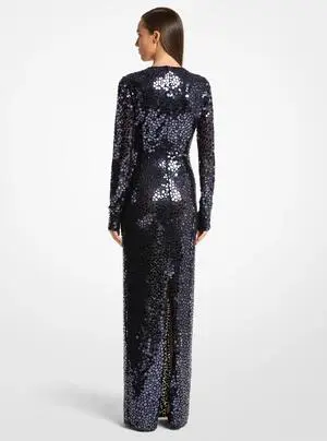 Michael Kors Mirror Embroidered Tulle V-neck Gown