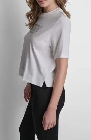 Dkny Rhinestone Border Logo Stretch Cotton Graphic T-shirt - White