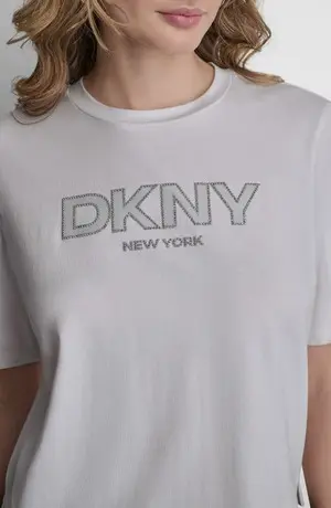 Dkny Rhinestone Border Logo Stretch Cotton Graphic T-shirt - White