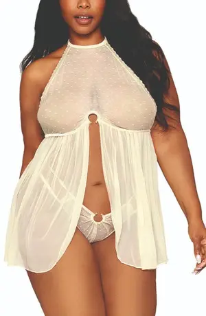 DREAMGIRL Dotted Mesh Babydoll Chemise & G-string Set - Daffodil