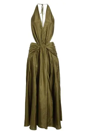 Zimmermann Indra Plunge Halter Silk Maxi Dress - Olive