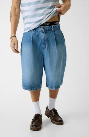 Guess Pleated Baggy Denim Shorts - Light Blue