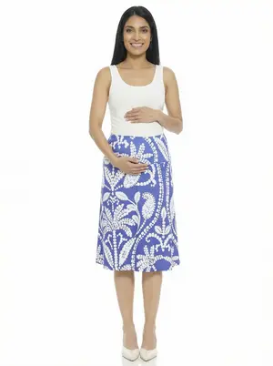 24SEVEN COMFORT APPAREL Maternity Paisley Print A-line Skirt - Blue Multi