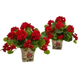 NEARLY NATURAL 11-in Geranium Flowering Artificial Plant With Floral Planter - Red