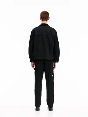 VOWELS Cord Collared Zip-up Denim Jacket - Black