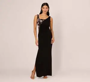 Adrianna Papell Sleeveless Asymmetrical Floral Beaded Gown - Black Multi