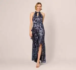 Adrianna Papell Crinkle Metallic Keyhole Halter Ruffle Gown