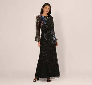 Adrianna Papell Bishop Sleeve Floral Sequin Bead Gown