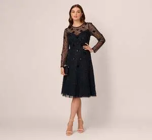 Adrianna Papell Long Sleeve Illusion Floral Beaded Midi Dress - Midnight