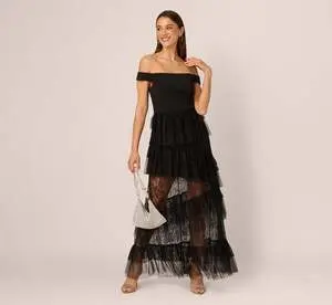 Adrianna Papell Off-shoulder Lace Ruffle Gown - Black