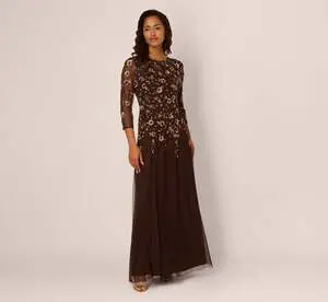 Adrianna Papell Floral Sequin Beaded 3/4 Sleeve Gown - Chocolate