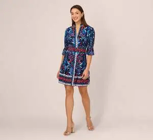 Adrianna Papell Abstract Print Shirt Dress With Bell Sleeves - Navy Multi