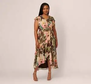 Adrianna Papell Flutter Sleeve High-low Midi Wrap Dress - Brown Multi