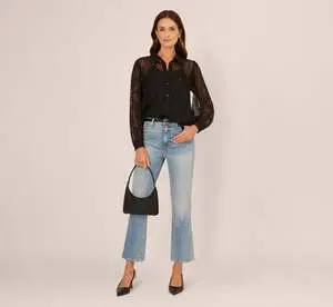 Adrianna Papell Long Sleeve Sheer Floral Eyelet Lace Blouse - Black