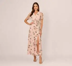 Adrianna Papell Floral Embroidered Maxi Dress With Flutter Sleeves - Blush Multi