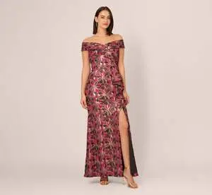 Adrianna Papell Off-the-shoulder Jacquard Gown With Ruffled Slit - Fuchsia Multi
