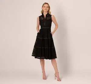 Adrianna Papell Sleeveless Lace Fit & Flare Dress With Collar - Black