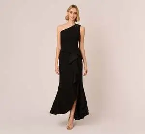 Adrianna Papell One-shoulder Ruffled Crepe Gown With Beaded Accent - Black