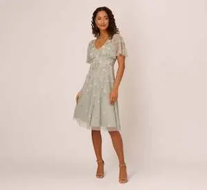 Adrianna Papell Beaded Floral Midi Dress With Ruffled Sleeves - Frosted Sage