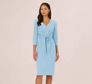 Adrianna Papell Pleated Midi Dress With Tie Waist And 3/4 Sleeves - Blue Mist
