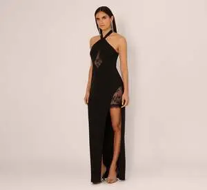 Adrianna Papell Lace Panel Cutout Halter Gown